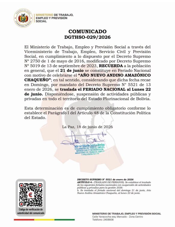 Ministerio de Trabajo confirma feriado nacional para el lunes 22 de ...